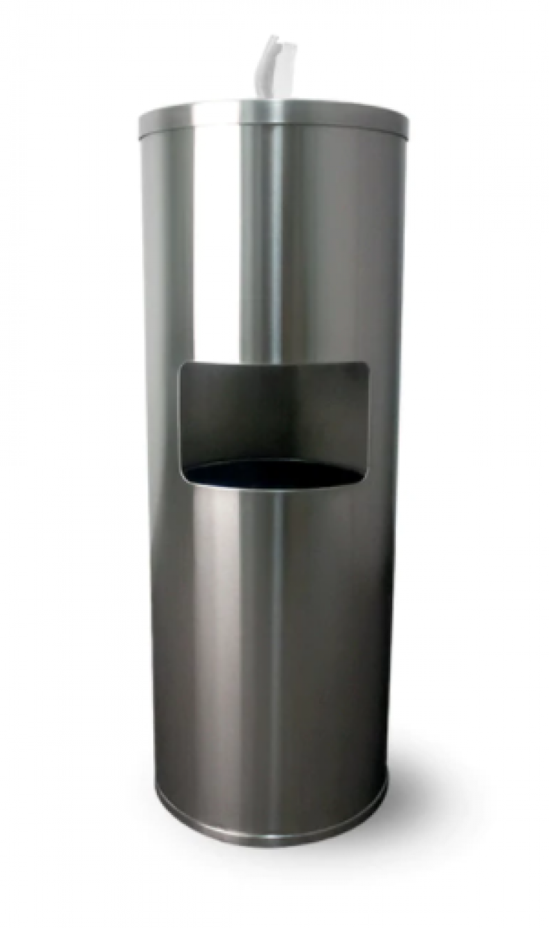 FLOOR STAND GYM WIPE DISPENSER W/ TRASHCAN, STAINLESS STEEL - LRS Supply